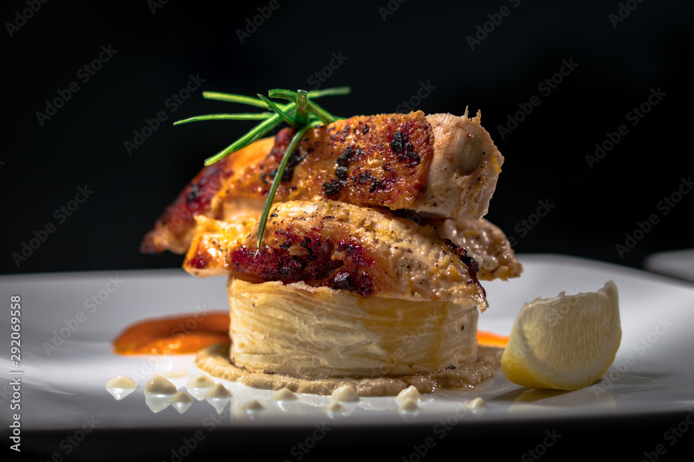 Michelin star food photography- Chicken with potatoes Stock Photo ...