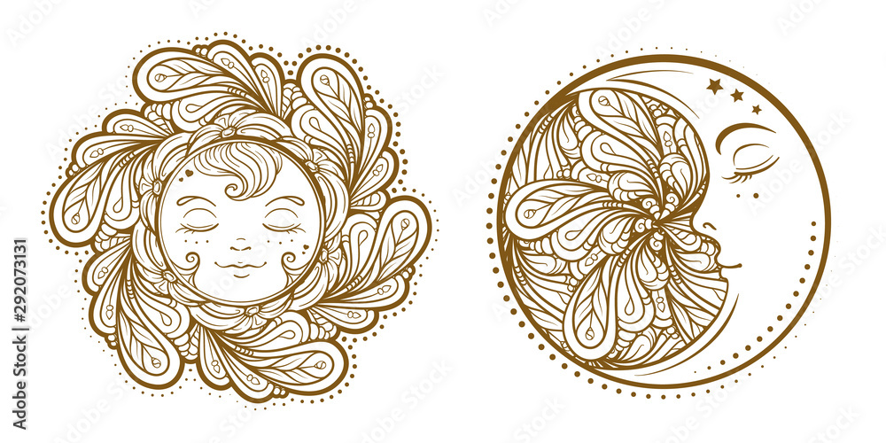 Ethnic sun and moon symbols. Temporary tattoo set. Stock Vector | Adobe ...