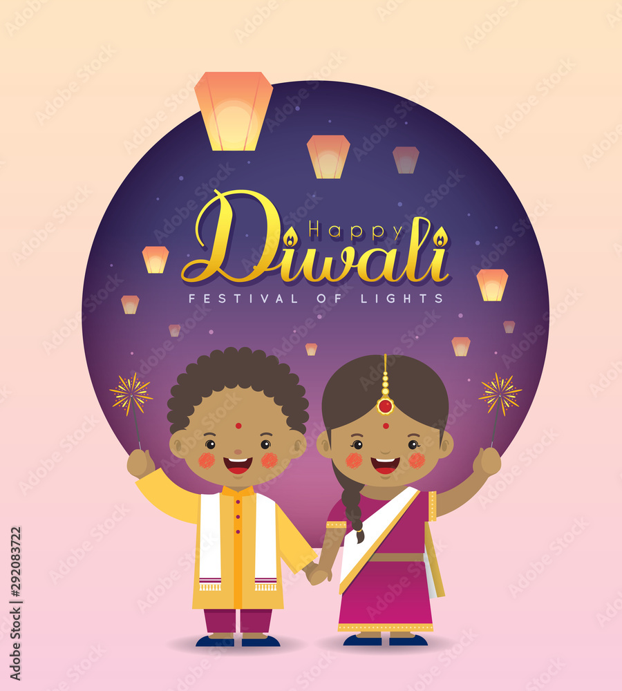Diwali or Deepavali greeting card. Cartoon Indian children with ...