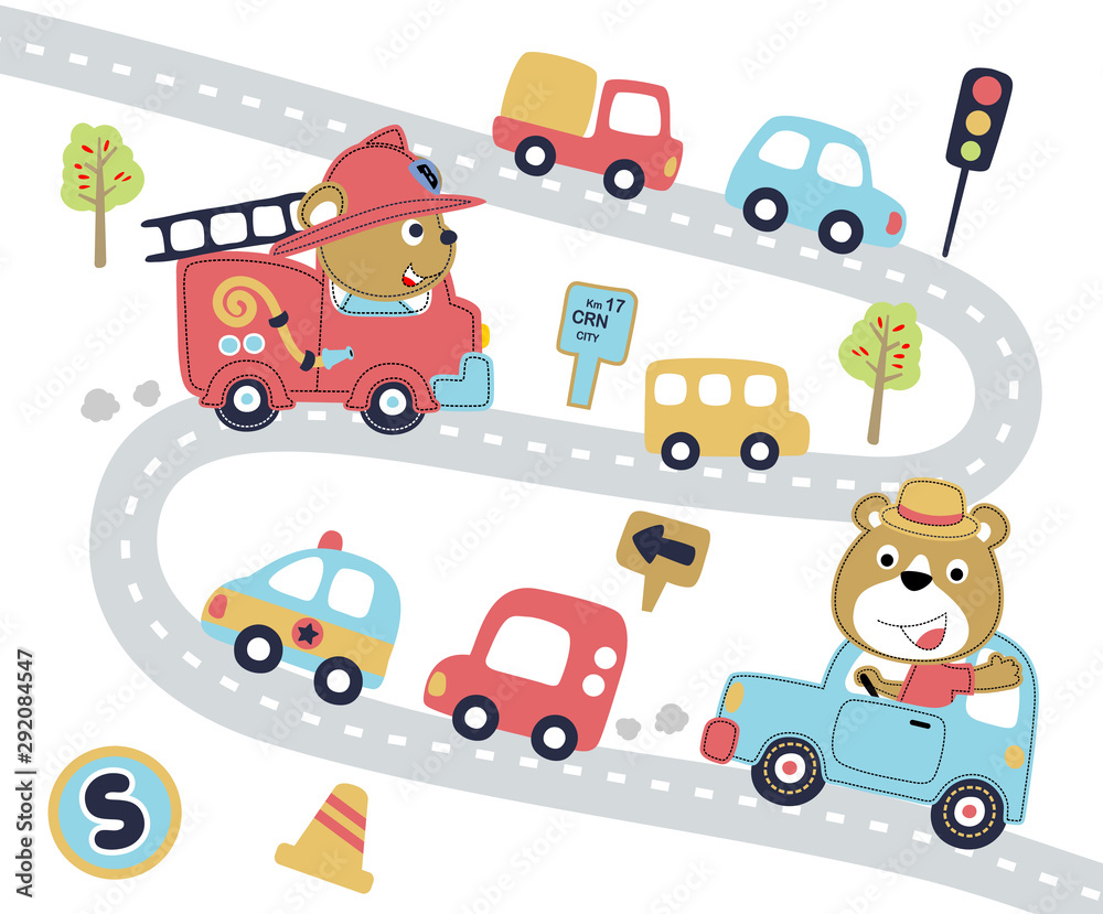 vehicles in road with funny drivers, vector cartoon illustration Stock ...