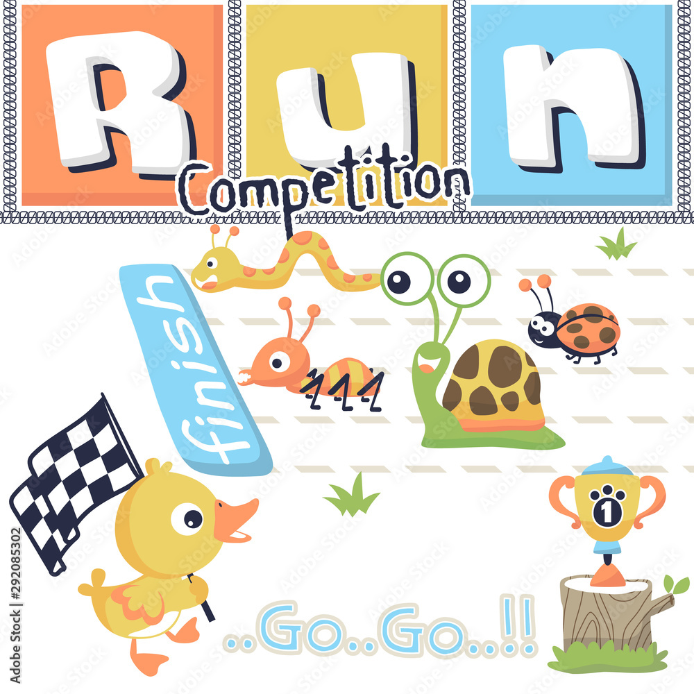 funny race cartoon with group of little animals, snail, caterpillar ...