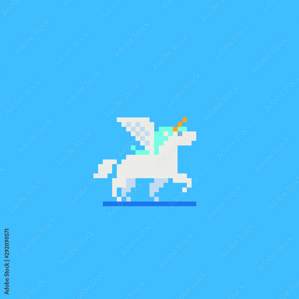Fairytale unicorn with wings, running pegasus horse pixel art icon ...