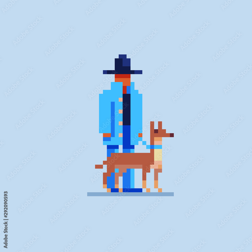 Vetor do Stock: Detective, a man in a coat and hat walks with a dog on ...