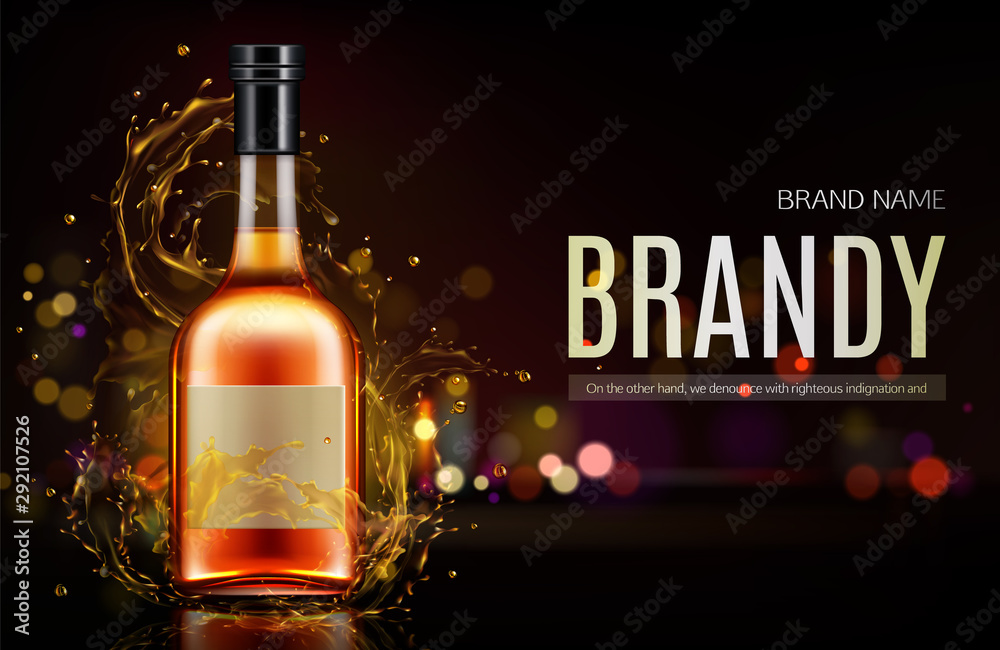 Brandy bottle mockup banner. Closed blank flask with strong alcohol ...