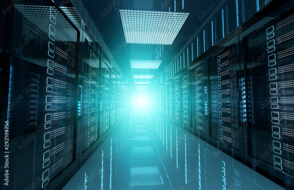 Dark servers data center room with bright halo light through the ...