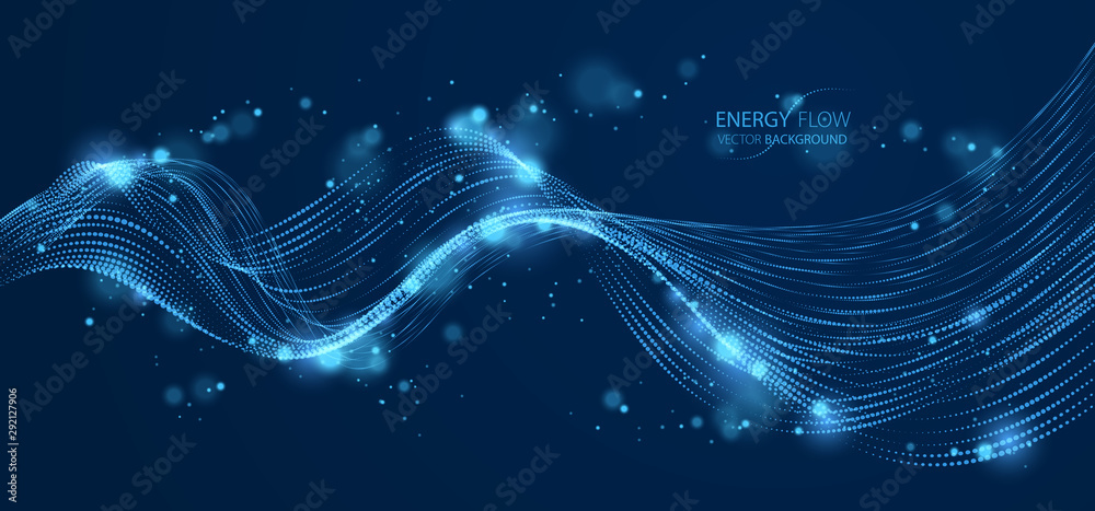 Dynamic Particles Sound Wave Flowing Over Dark Dotted Curves Vector Abstract Background