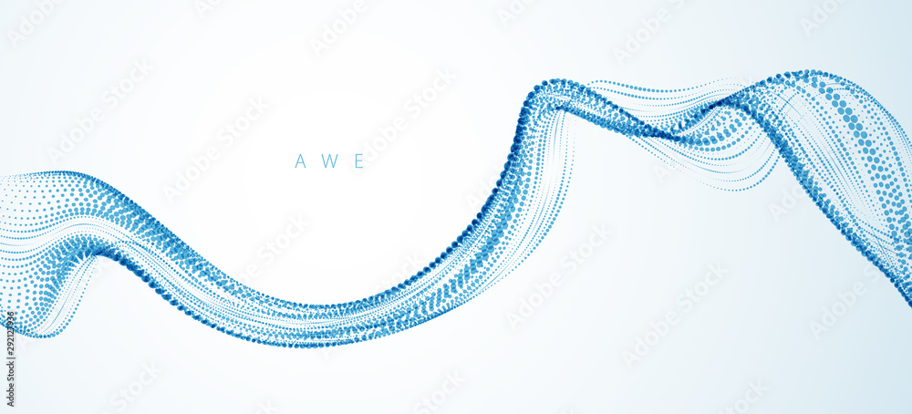 Vector abstract background with wave of flowing particles, smooth curve shape lines, particle ...
