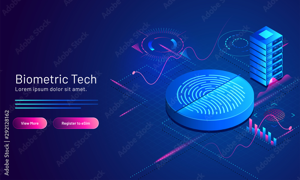 3D illustration of biometric fingerprint and server on blue scientific ...