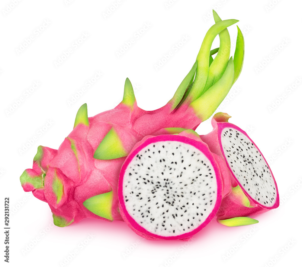 Composition with whole and cutted tropic pitahayas with leaves isolated ...