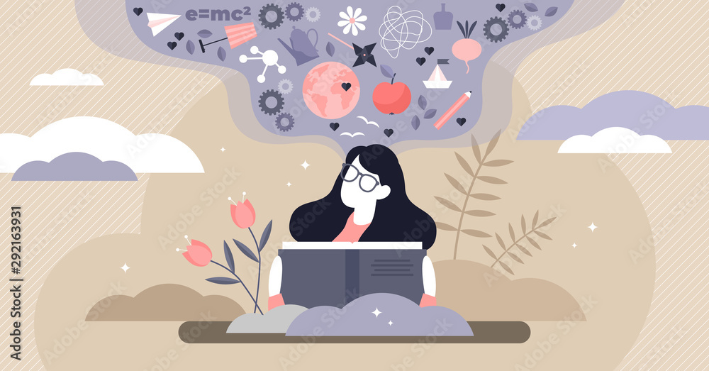 Reading vector illustration. Tiny expand knowledge horizons person ...