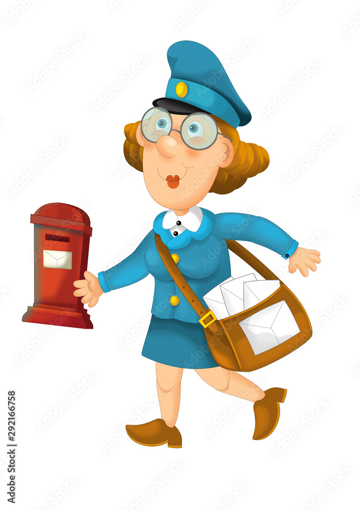 cartoon scene with postman woman on pavement on white background ...