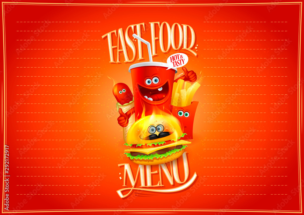 Fast food menu list design concept with hot dog, burger, french fries ...