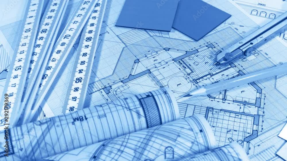 Blueprints - architectural drawings, yardstick - folding ruler smoothly ...