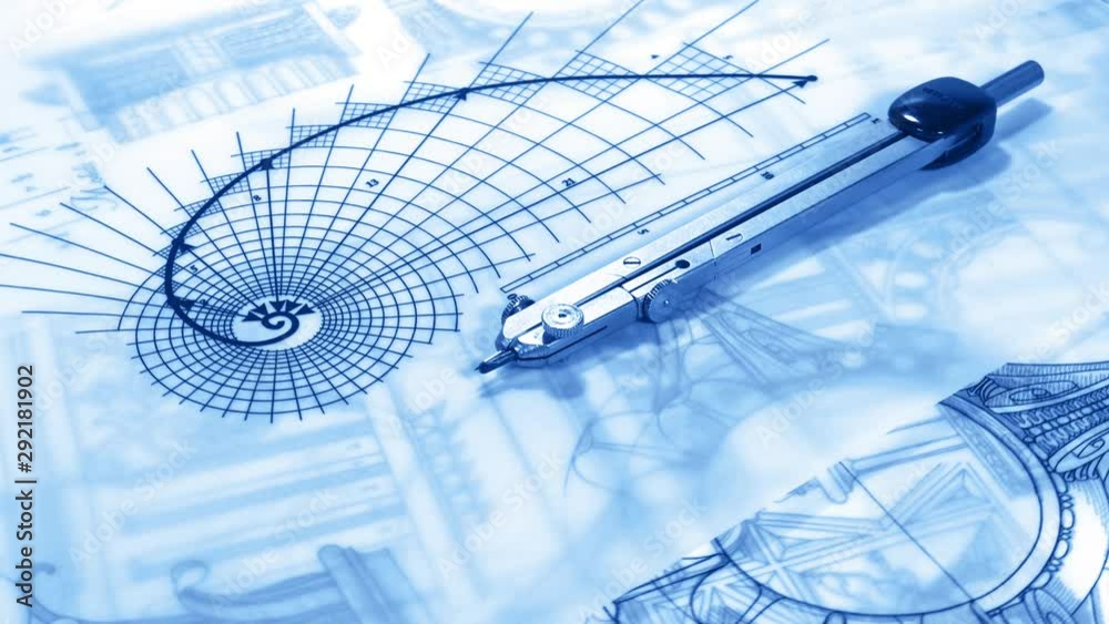 Blueprints - architectural drawings, compass and drawing of the golden ...
