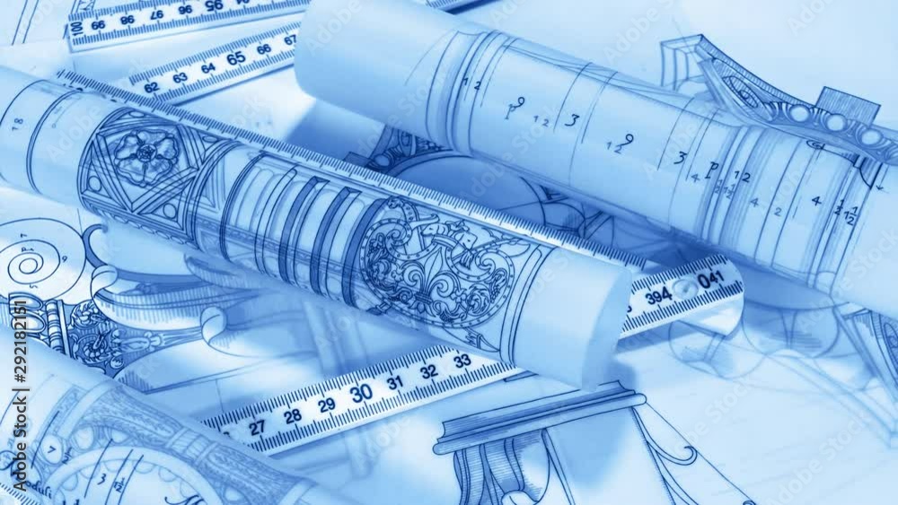 blueprints - rolls of architectural drawings, detail column, yardstick ...