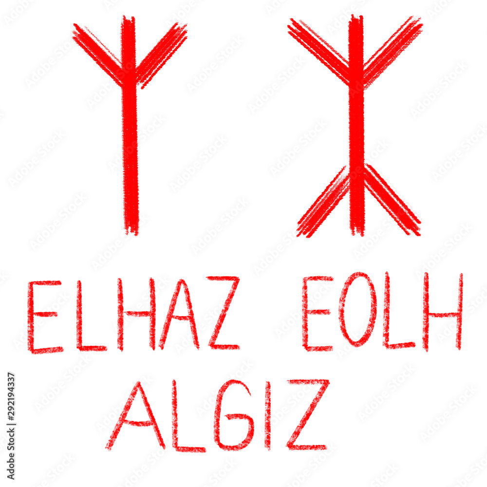 Set of ancient runes. Versions of Elhaz rune with German, English and ...