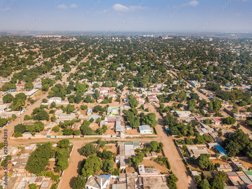 Aerial view of Matola, suburbs of Maputo, capital city of Mozambique ...