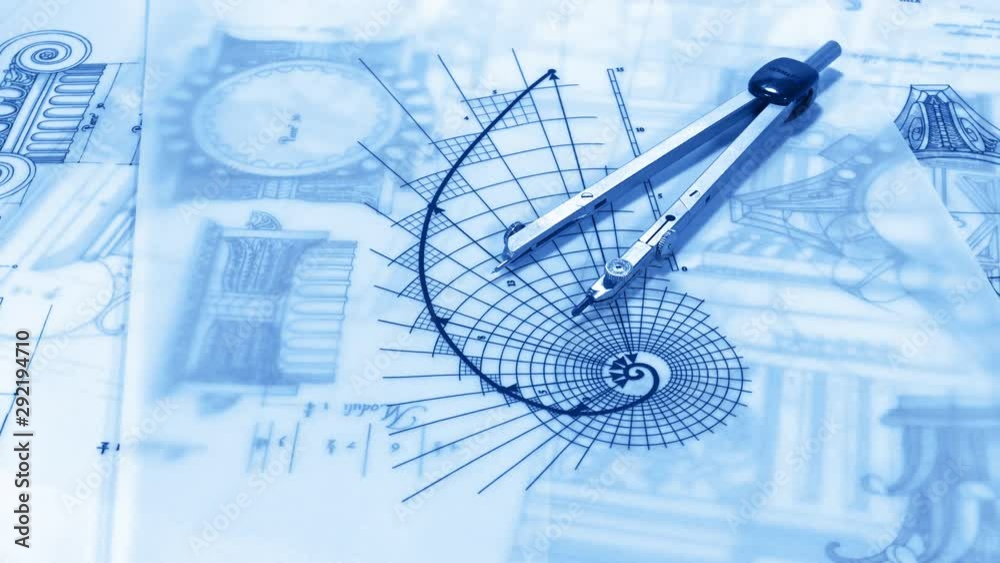 Blueprints - architectural drawings, compass and drawing of the gold ...