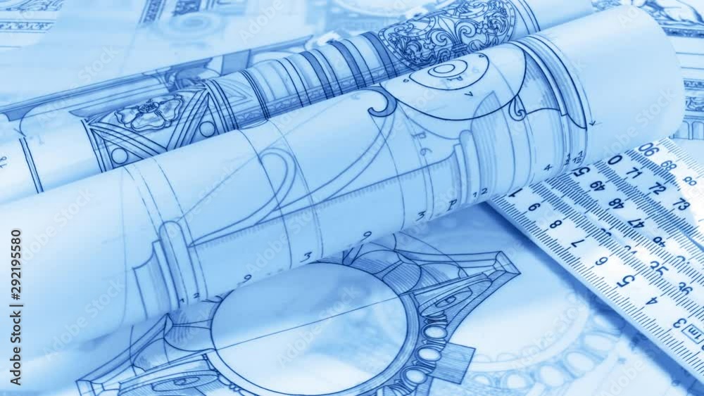 Blueprints - architectural drawings, yardstick - folding ruler smoothly ...