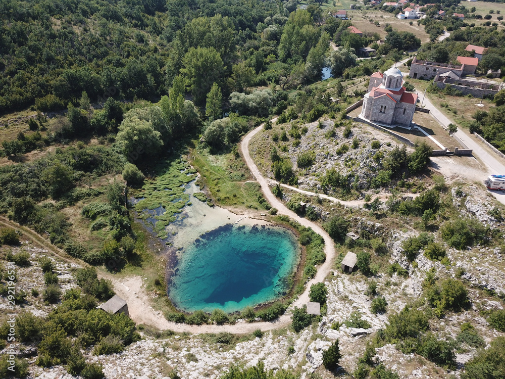 The cave spring of the Cetina River (izvor Cetine) in the foothills of ...