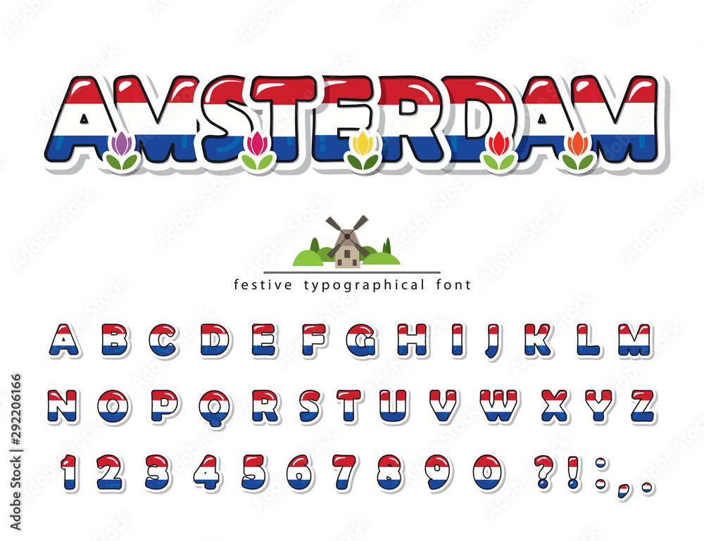 Amsterdam cartoon creative font. Netherlands national flag colors ...