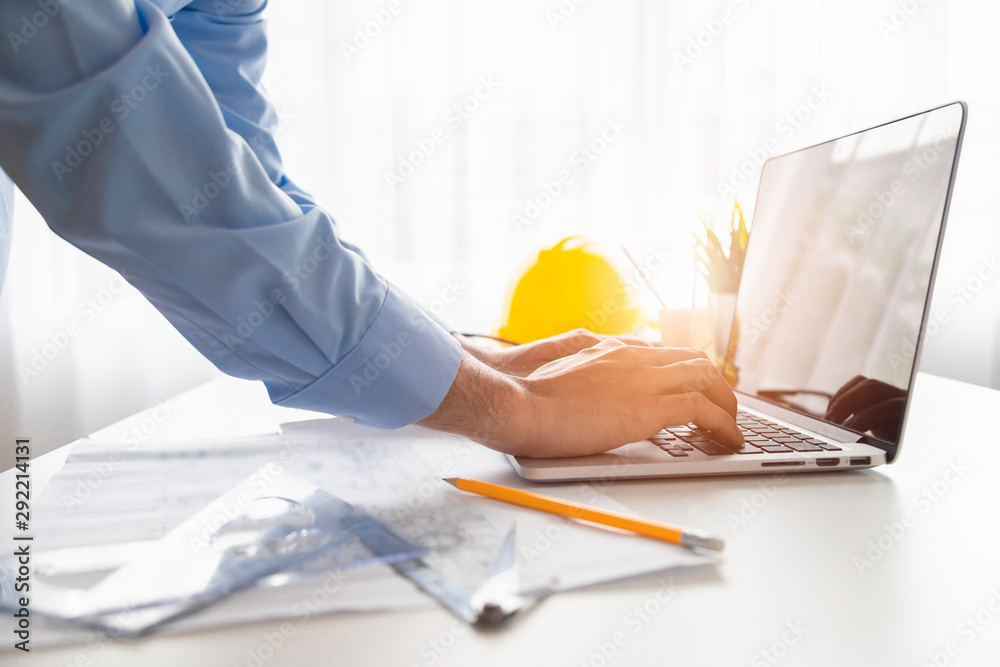 data working and tablet, laptop with architectural project at ...