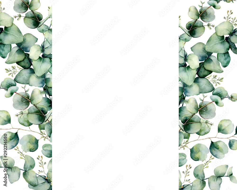 Watercolor eucalyptus banner template. Hand painted eucalyptus branch ...