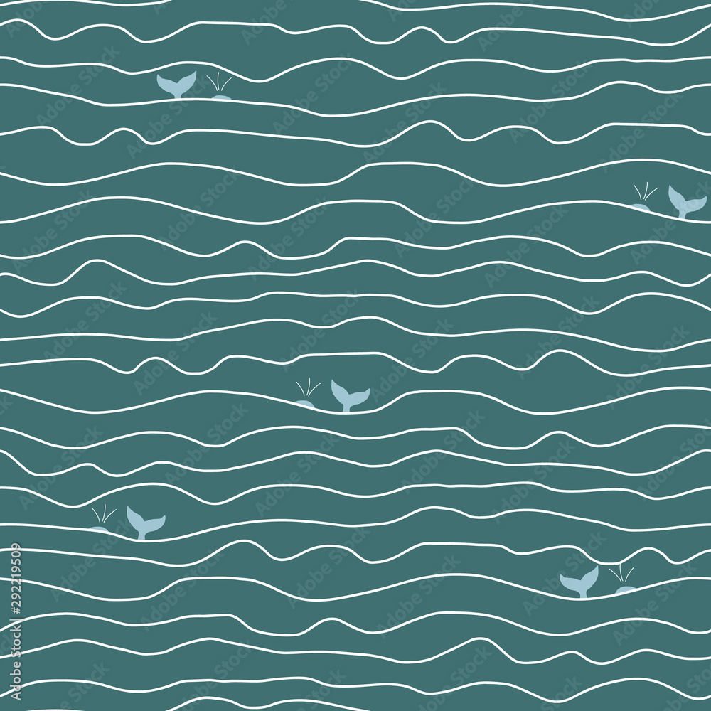 Ocean abstract waves and whales seamless vector pattern. Hand drawn ...