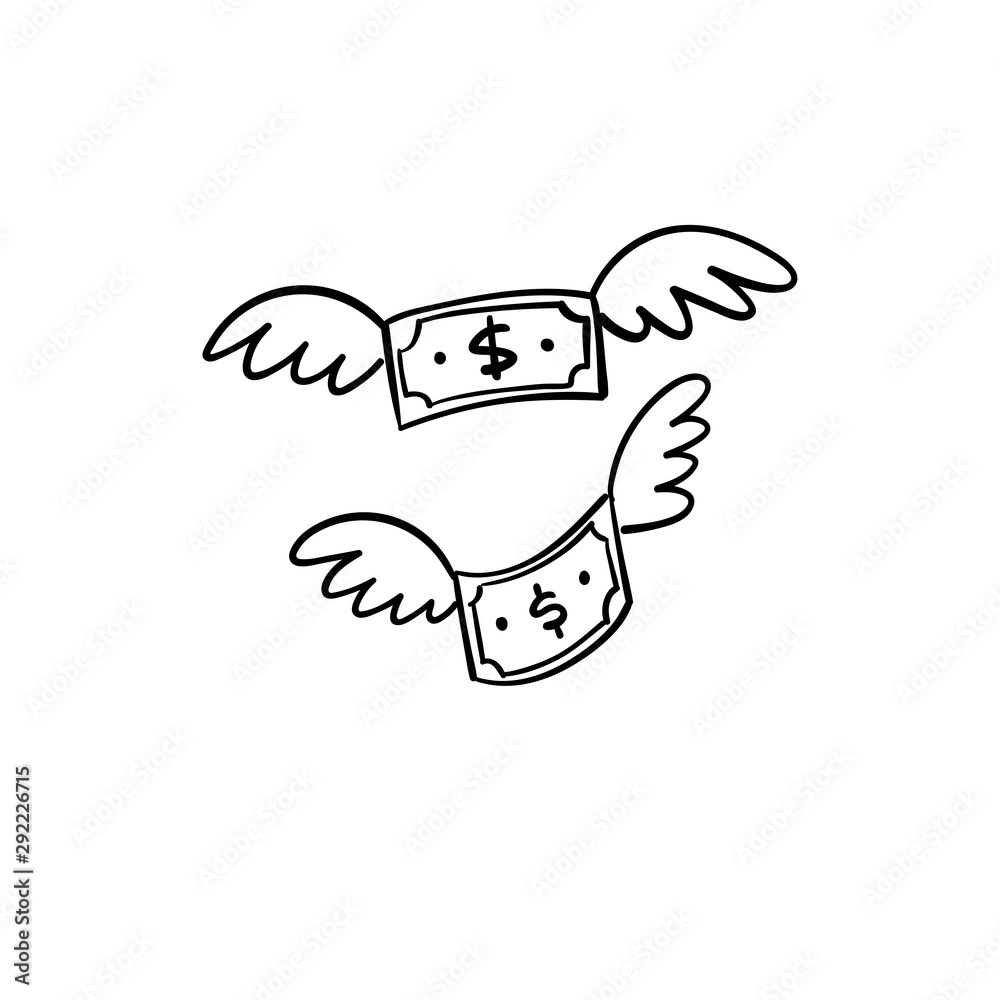 Dollar bill with wings doodle. Flying money. Hand drawn illustration ...