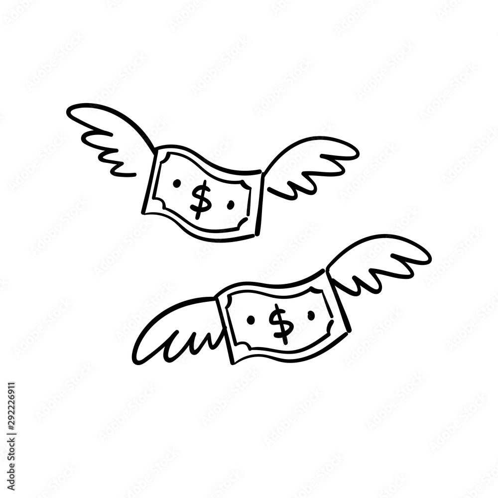 Dollar bill with wings doodle. Flying money. Hand drawn illustration ...