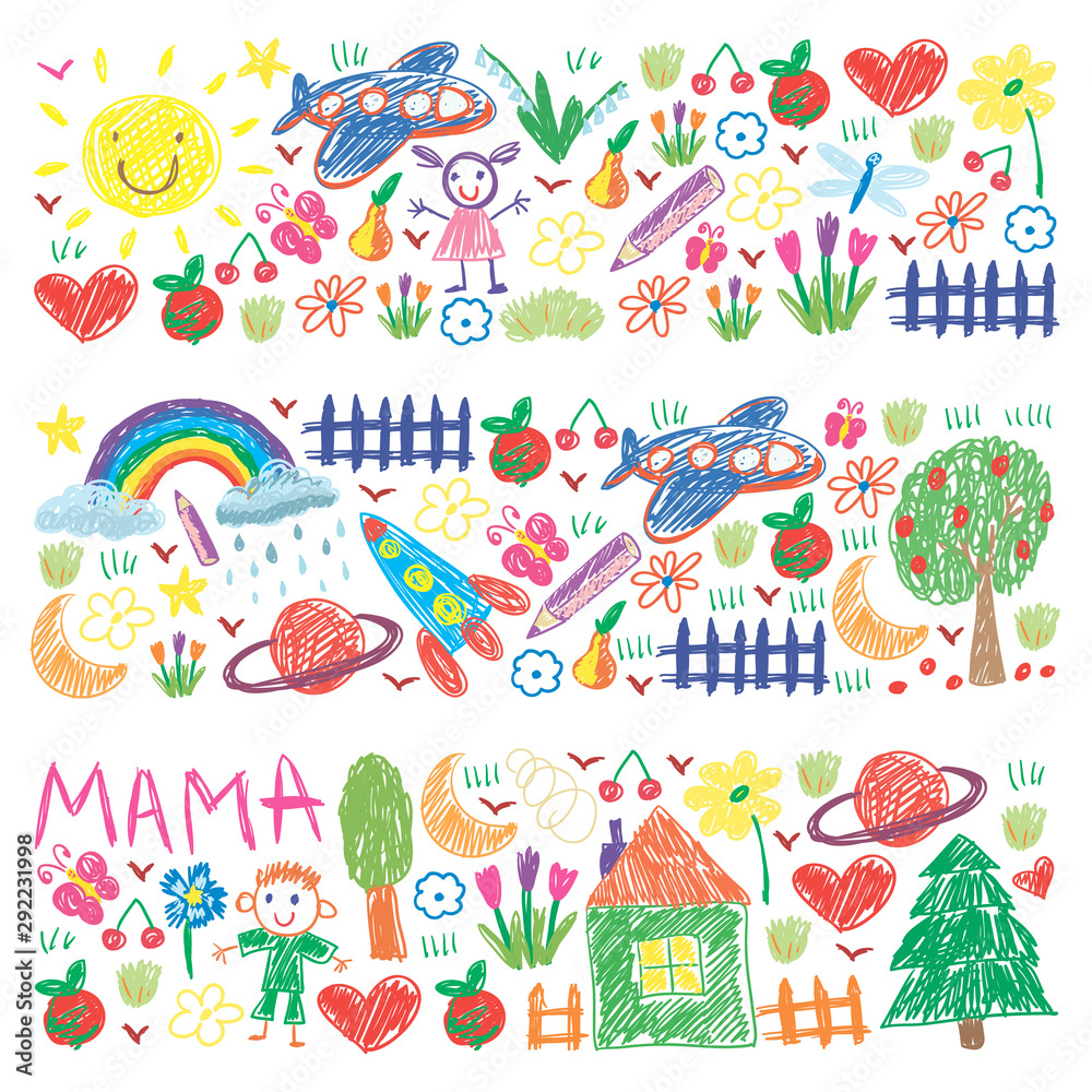 Kindergarten pattern with funny kids drawing. Vector illustration ...