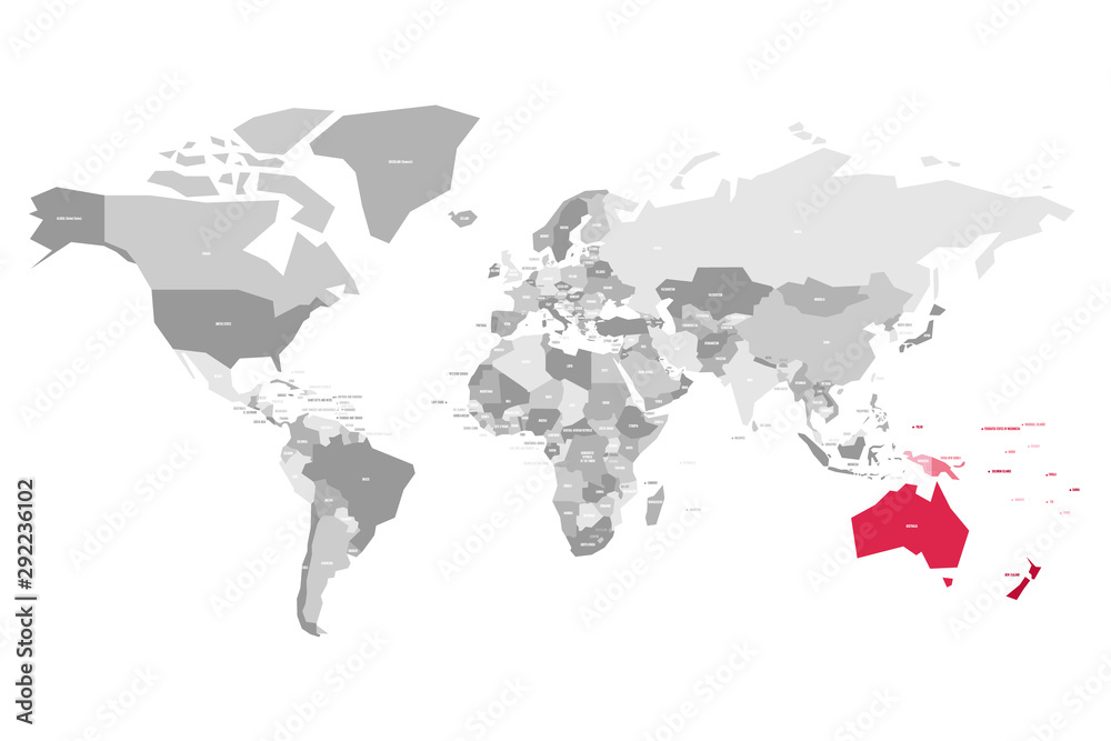 Map of World in grey colors with red highlighted countries of Australia ...