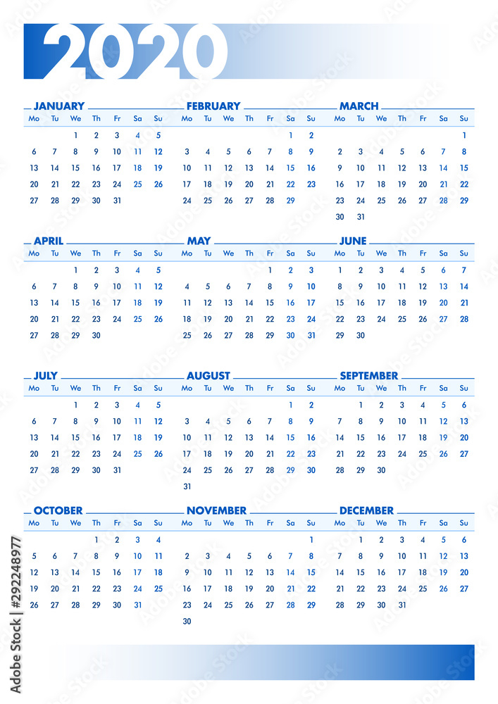Blue 2020 English calendar. Printable portrait version Stock Vector ...