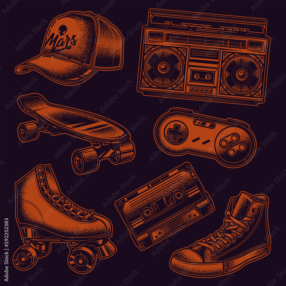 Original vector set of vintage retro illustrations of the 80s. Stock ...