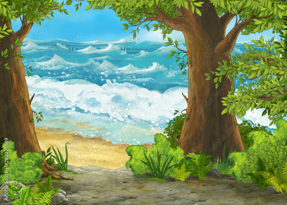 cartoon scene of beautiful castle by the beach and ocean or sea ...