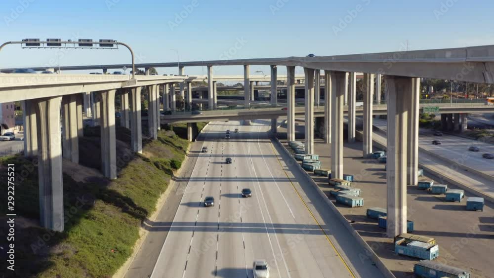 Camera goes down from the view of the high levels and intersections of ...