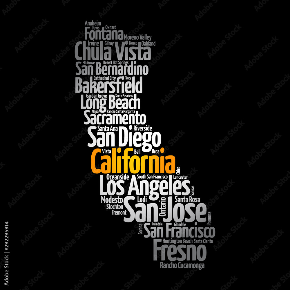 List of cities in California USA state, map silhouette word cloud map ...