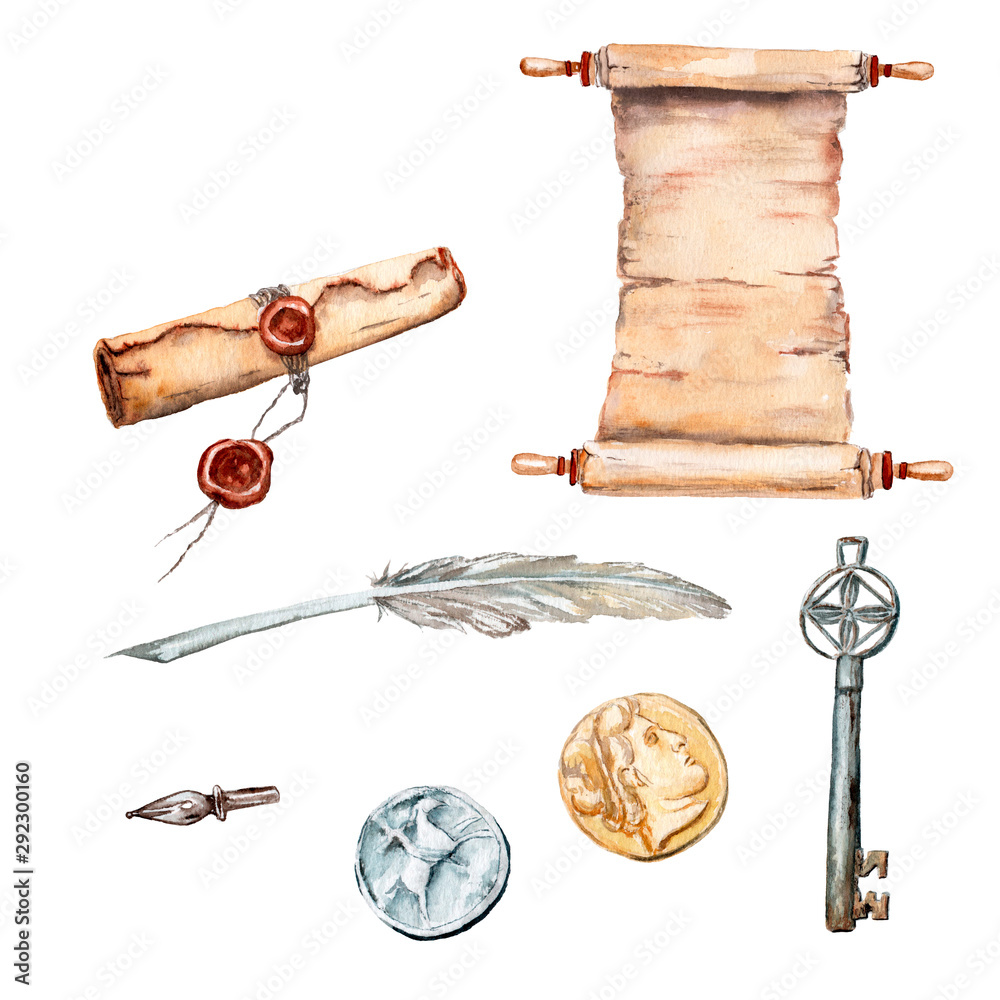watercolor drawings: old letter, pen, key, ancient coins, manuscript ...