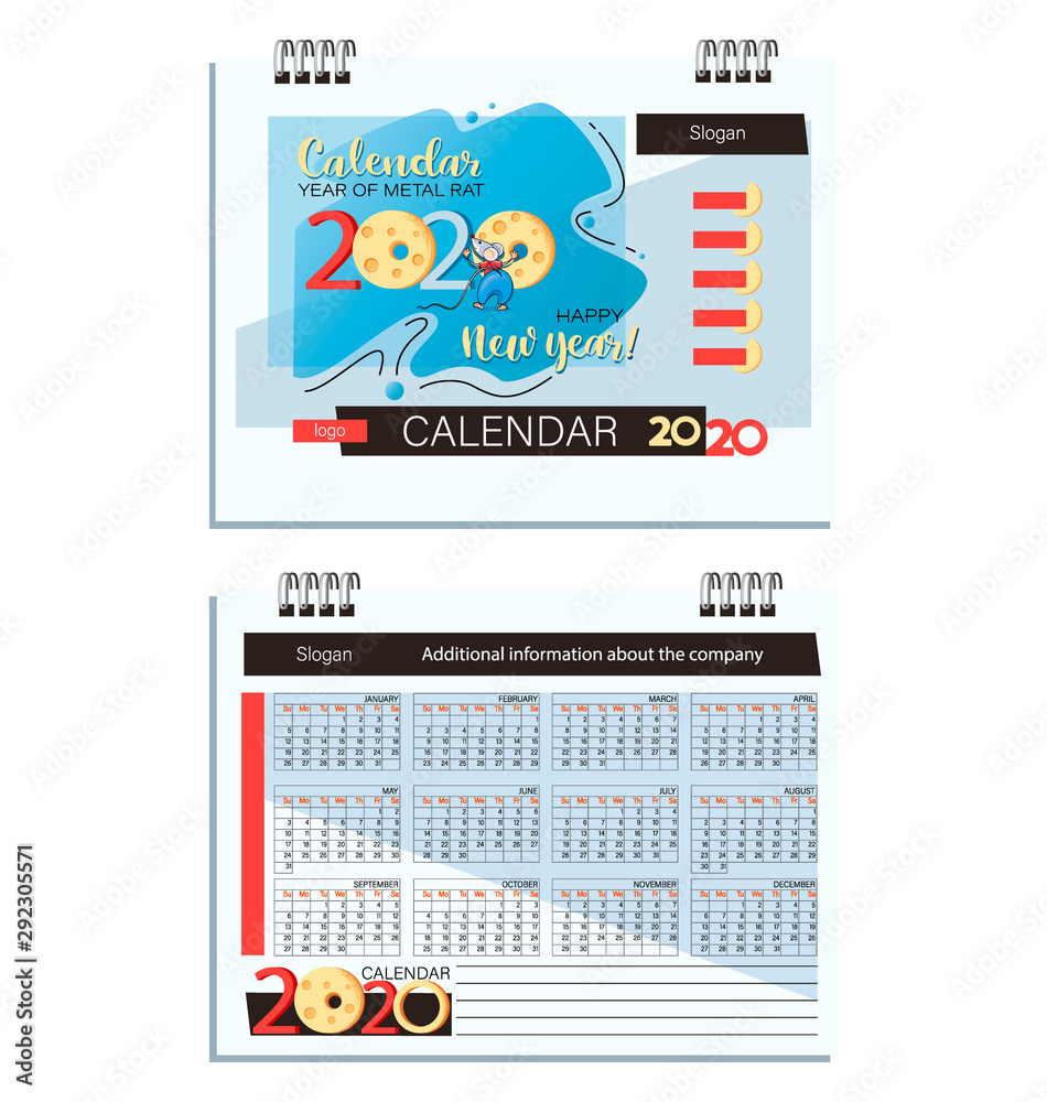 Happy new year. 2020. Funny Rat and cheese. Desk calendar template ...