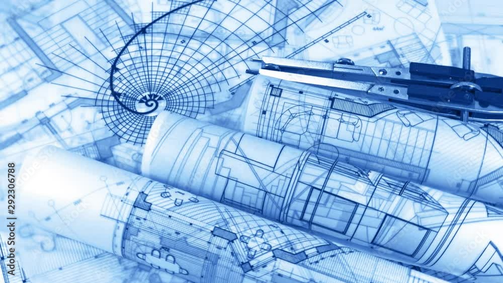 Blueprints - rolls of architectural drawings and drawing of the gold ...