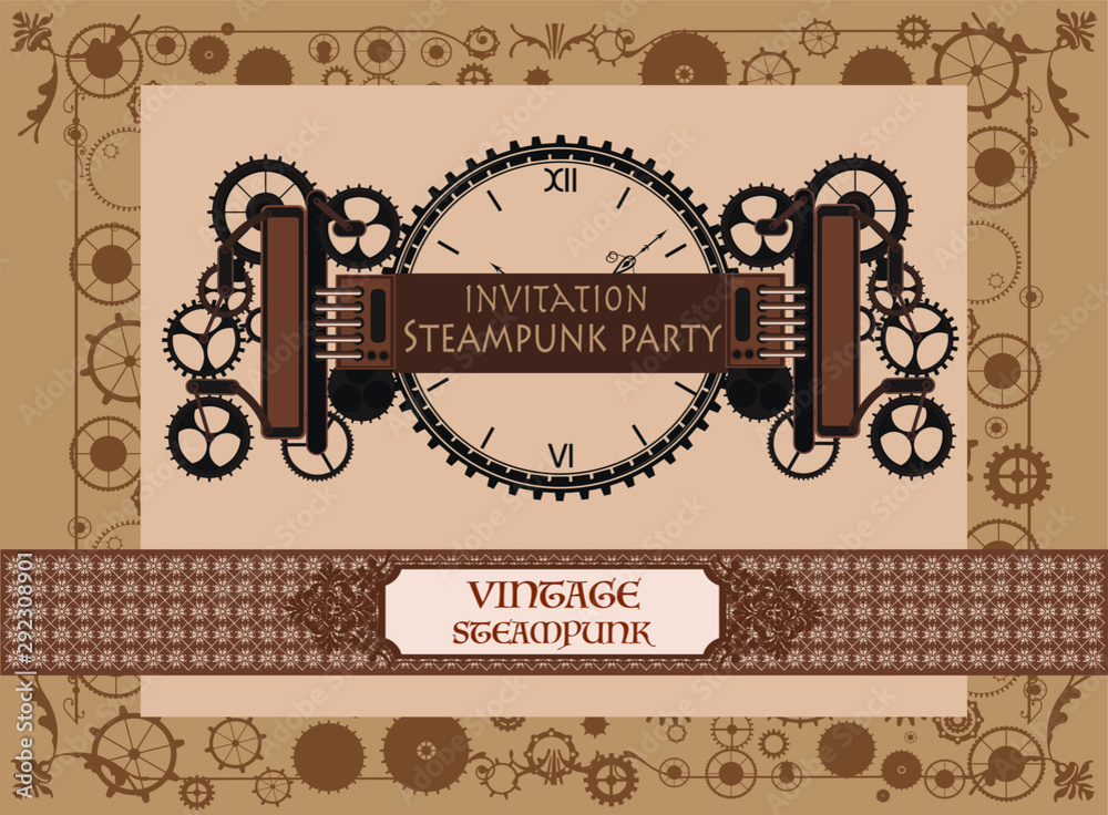 Frame vintage, steampunk mechanical clock with cogs, gears menu ...