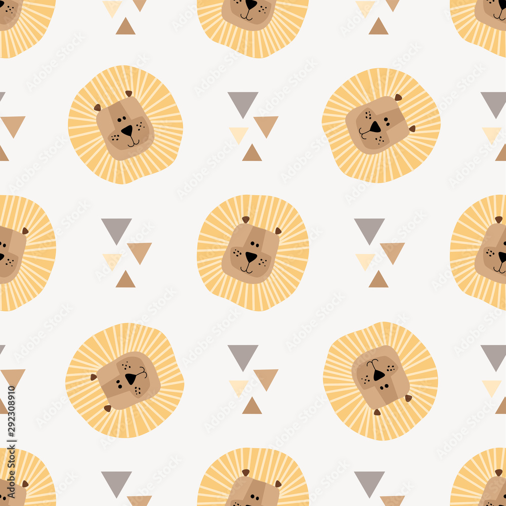 Cute seamless baby pattern illustration with lion's head and triangles ...