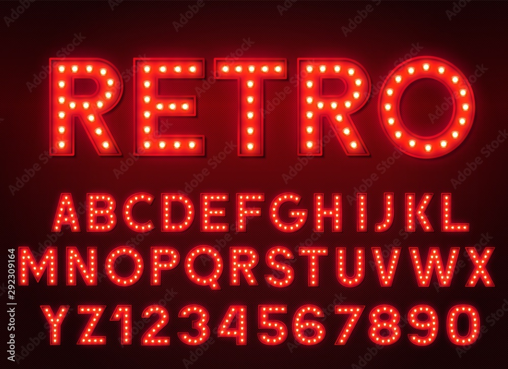 3d light bulb red alphabet with numbers on a dark background. Retro ...