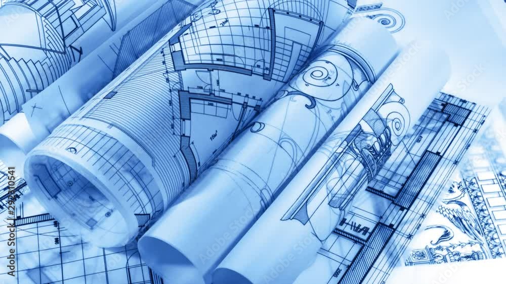 Blueprints - rolls of architectural drawings smoothly rotate on the ...