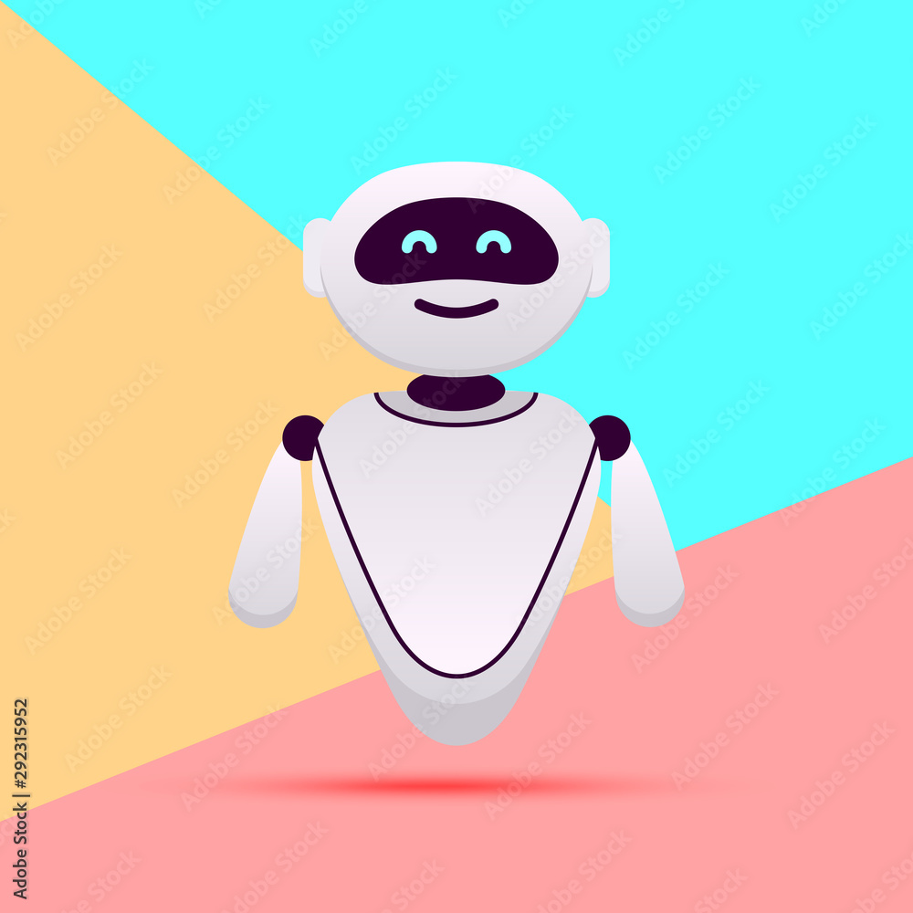 white robot or chat bot with artificial intelligence on pink blue ...