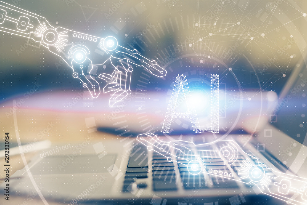 Technology theme drawing and table with computer. Double exposure ...