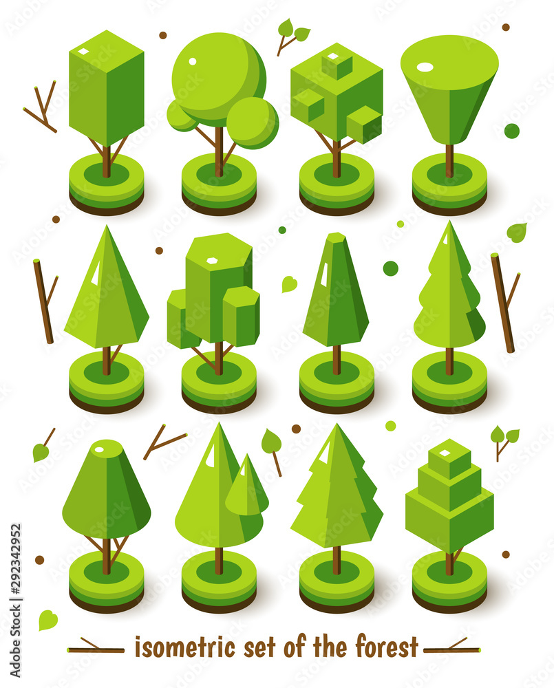 Isometric vector bright tree set. Landscape constructor kit. Different ...