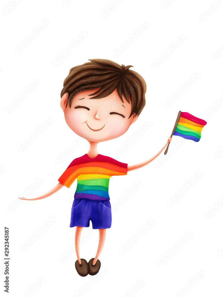 Cute boy with a rainbow flag Stock Illustration | Adobe Stock
