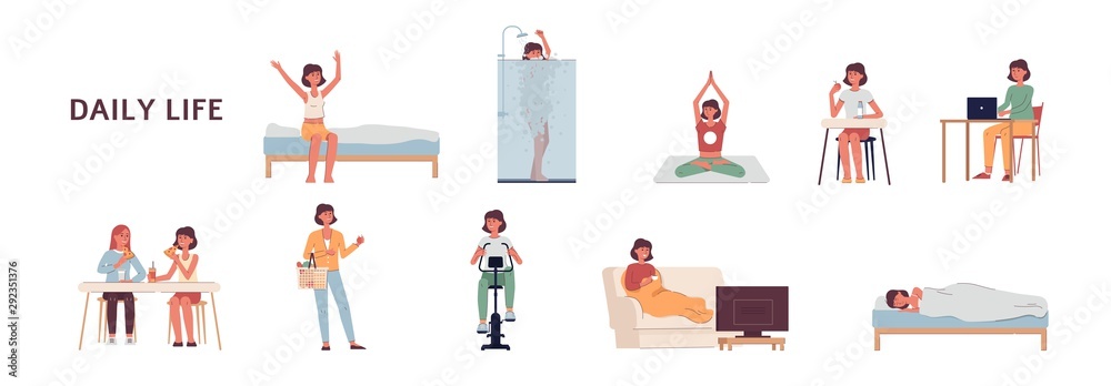 Daily life of a woman set - cartoon girl on her everyday routine Stock ...