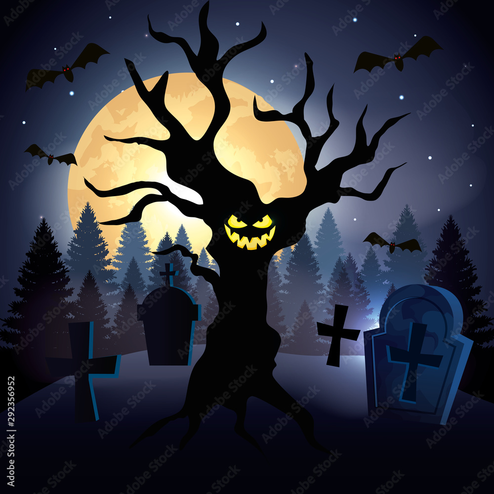 haunted tree with cemetery in scene halloween Stock Vector | Adobe Stock